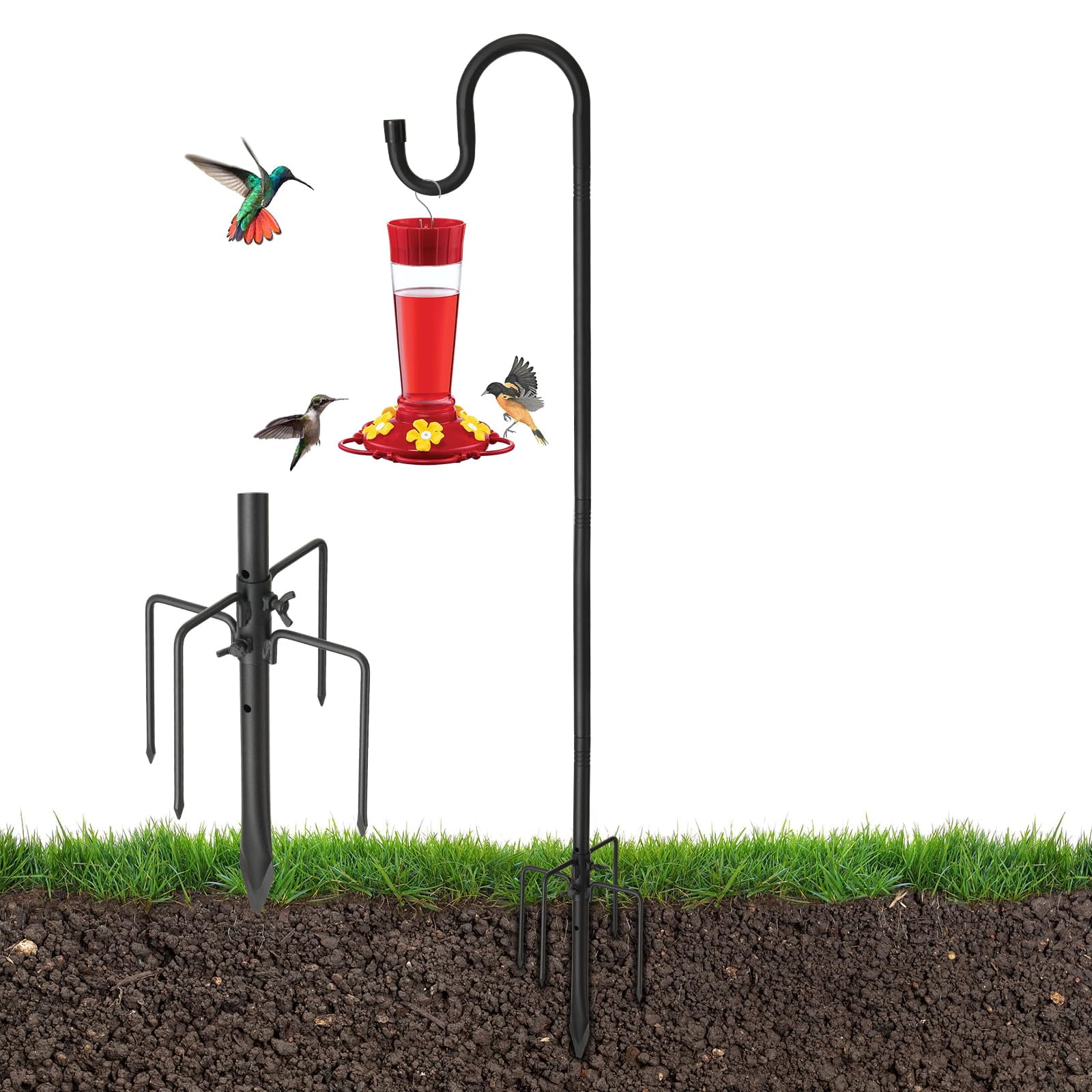 Shepherds Hook for Outdoor Bird Feeder Pole, 92" Plant Hanger with 5 ...