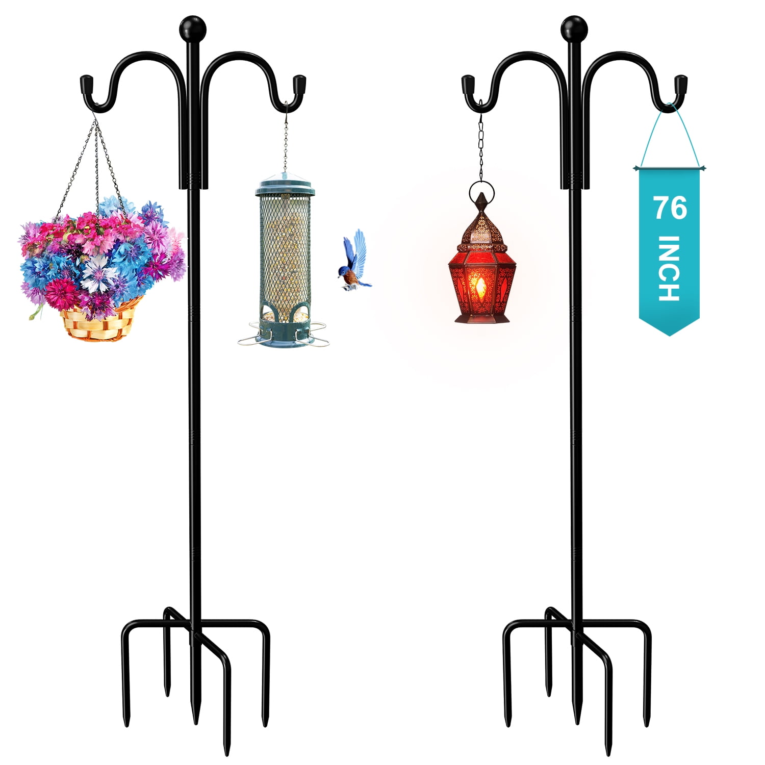 "DPT Shepherds Hooks, 2 Pack 76"" Tall, Double Bird Feeder Poles ...