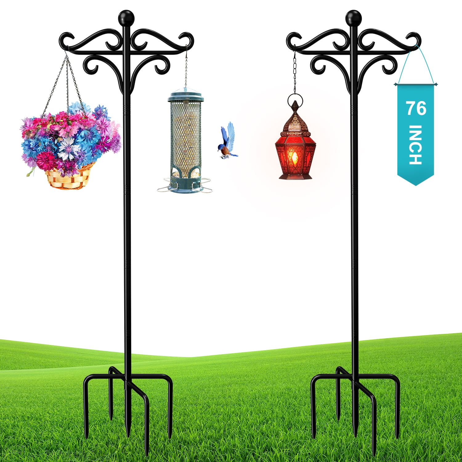 Deyard 75'' Double Shepherds Hooks, Adjustable Plant Hanger, Ideal for Bird Feeders, Decor (2 ...
