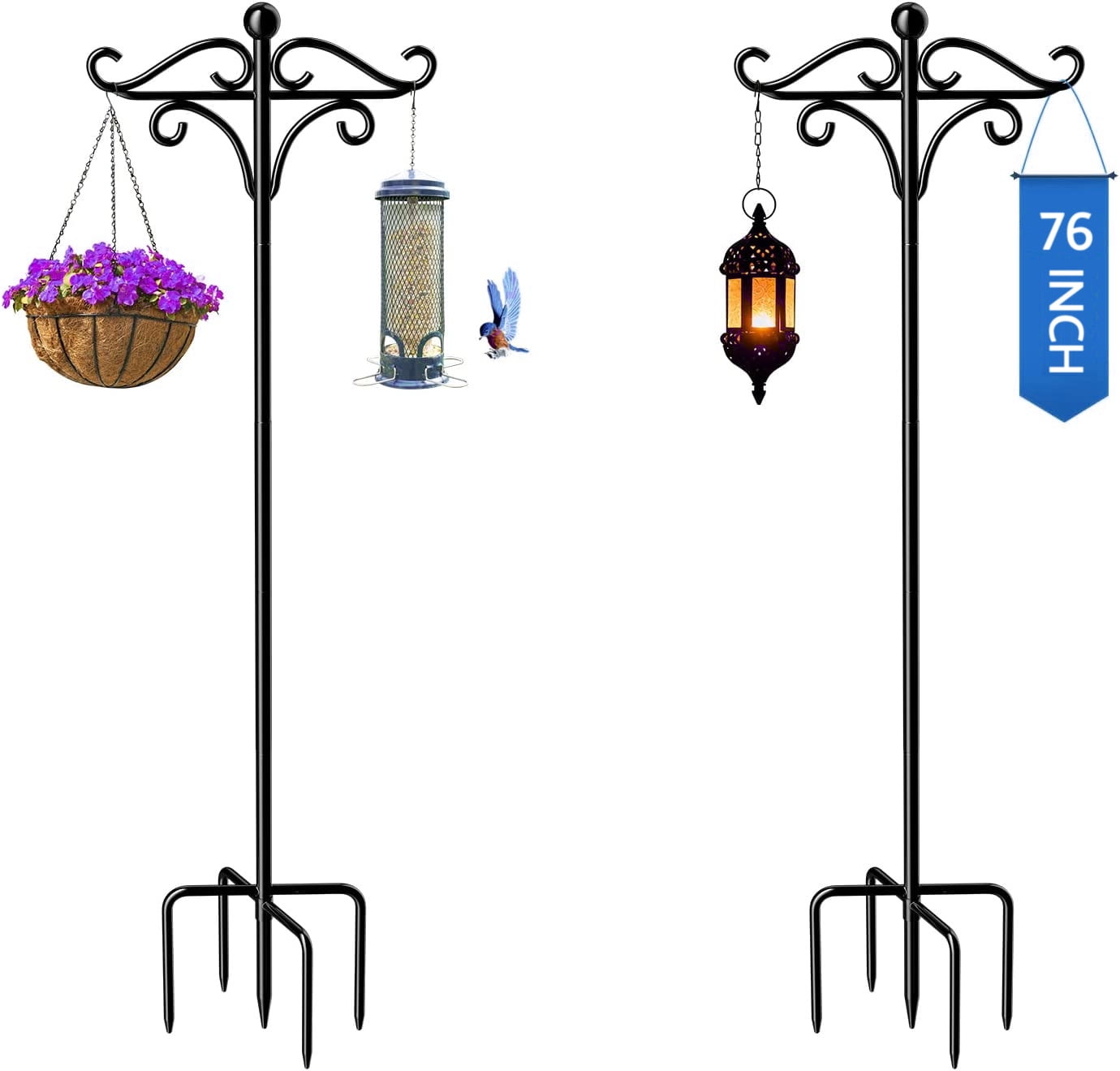 "76"" Tall Shepherds Hooks for Outdoor, Double Bird Feeder Poles with 5 Prongs, Plant Hanger ...
