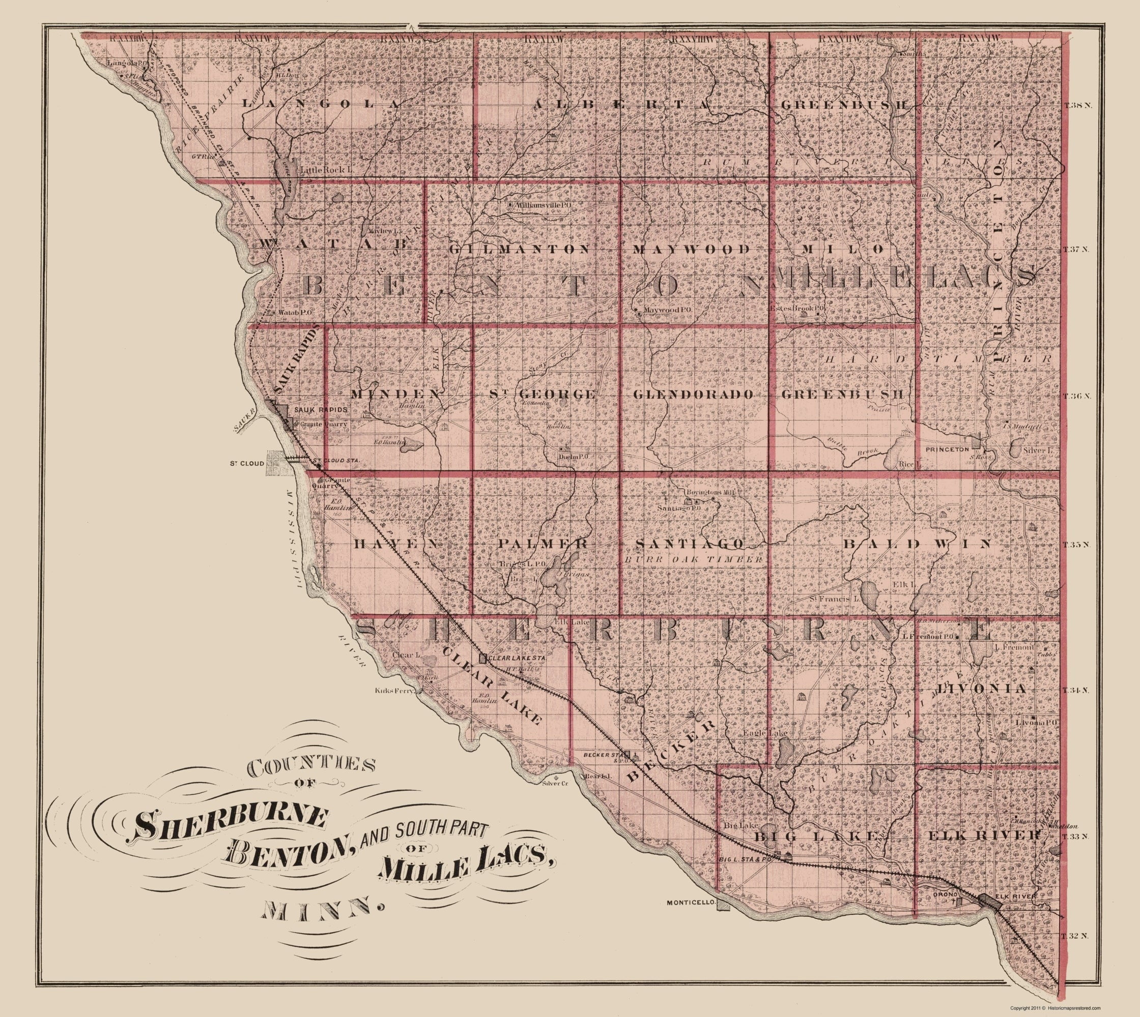 Historic County Map - Sherburne Benton Mille Lacs Counties Minnesota ...