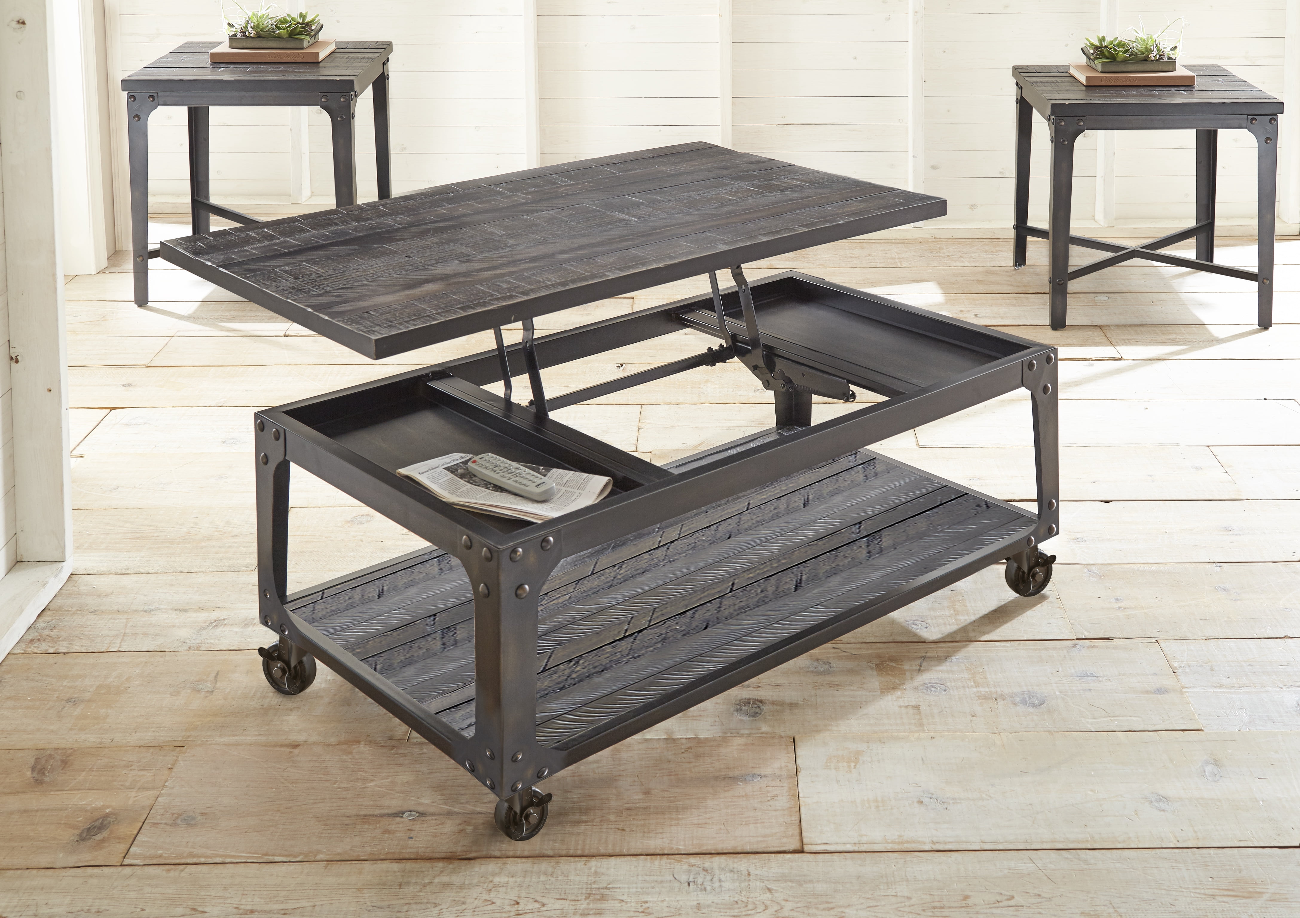 Sherlock Brown Cocktail Table with 2 End Tables - Rustic Industrial ...