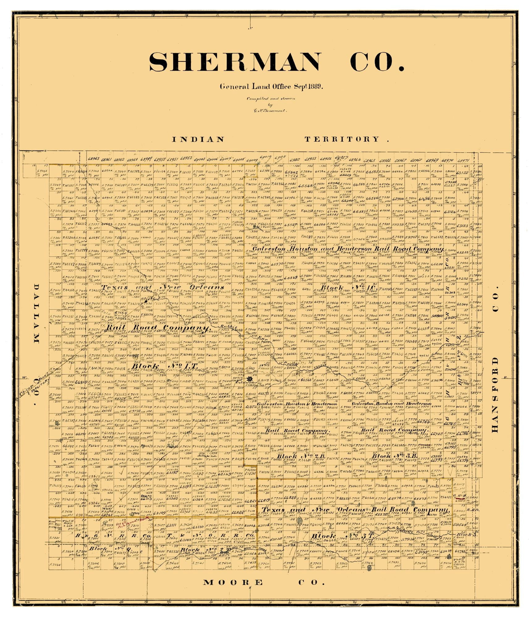 Historic County Map - Sherman County Texas - Beaumont 1889 - 23 x 26.82 ...