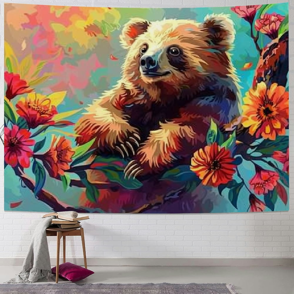 Sheronv Bear Flowers Tapestry Wall Hanging Unique Style Graphic ...