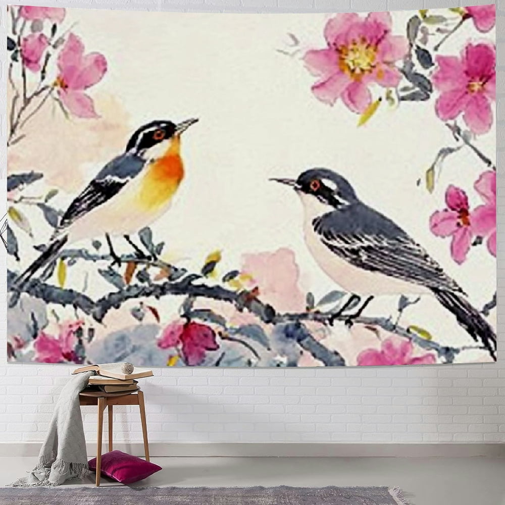 Sheronv Birds Flowers Watercolor Painting Tapestry Wall Hanging Unique ...