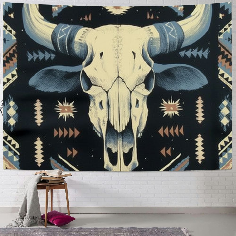 Sheronv Bull Skull Diamond Pattern Tapestry Wall Hanging Unique Style ...