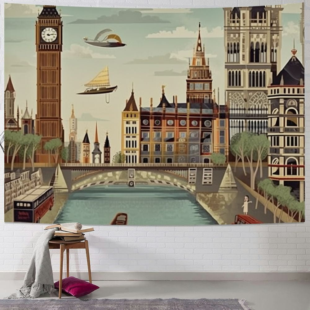 Sheronv Cityscape Clock Tower Bridge Tapestry Wall Hanging Unique Style ...