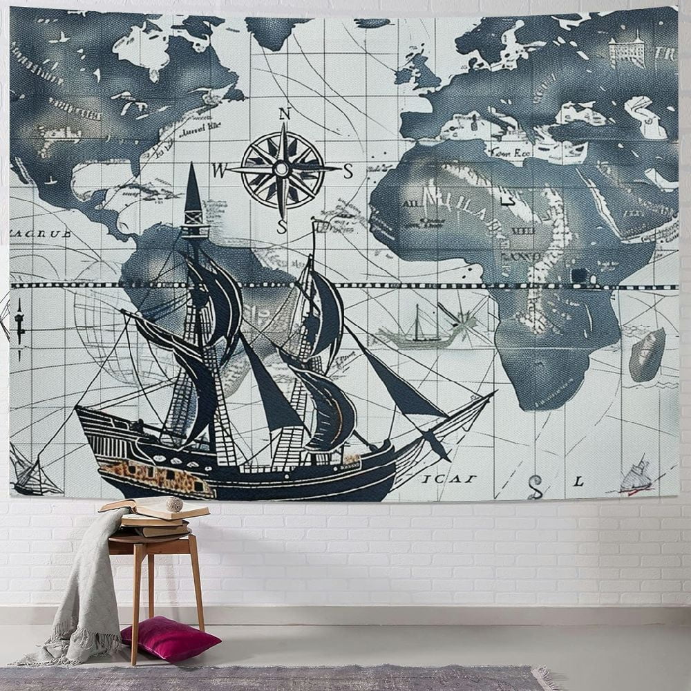 Sheronv Compass Map Boat Tapestry Wall Hanging Unique Style Home Wall ...