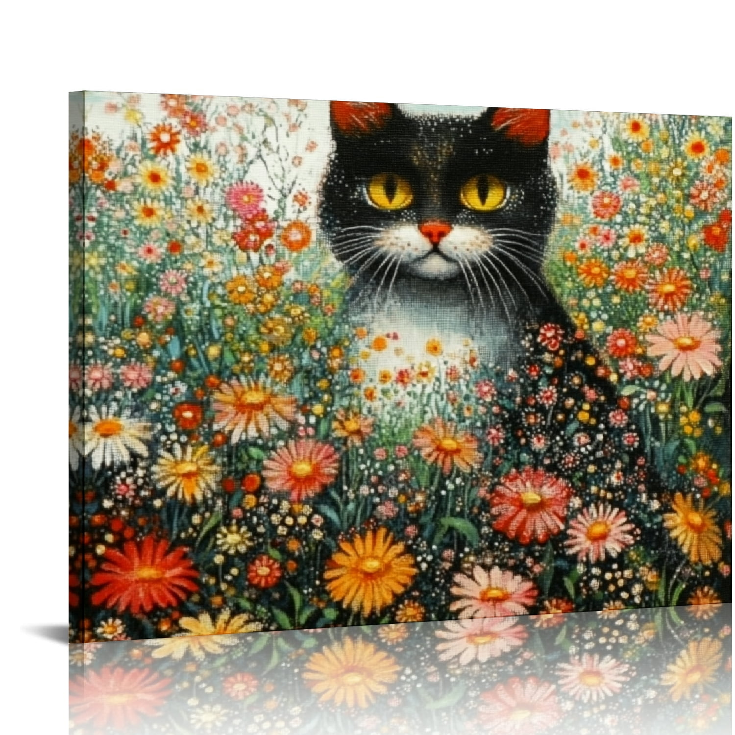 Sheronv Cute Cat Flowers Pointillism Wall Art Home Office Decor, High ...