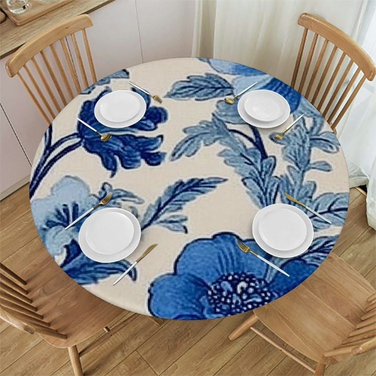 Sheronv Floral Pattern Blue Flower Round Table Cover Stain Resistant ...