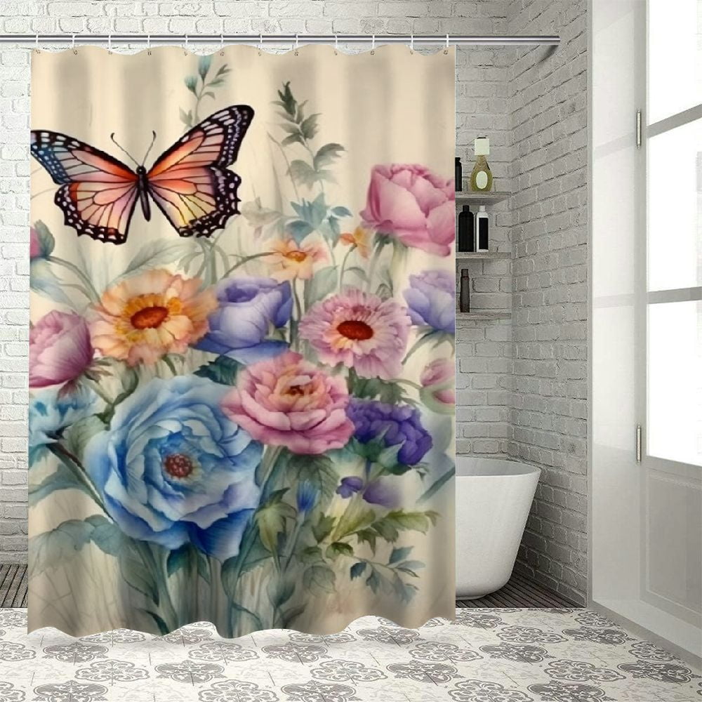 Sheronv Flowers Butterflies Watercolor Painting Bathroom Decor Set with ...