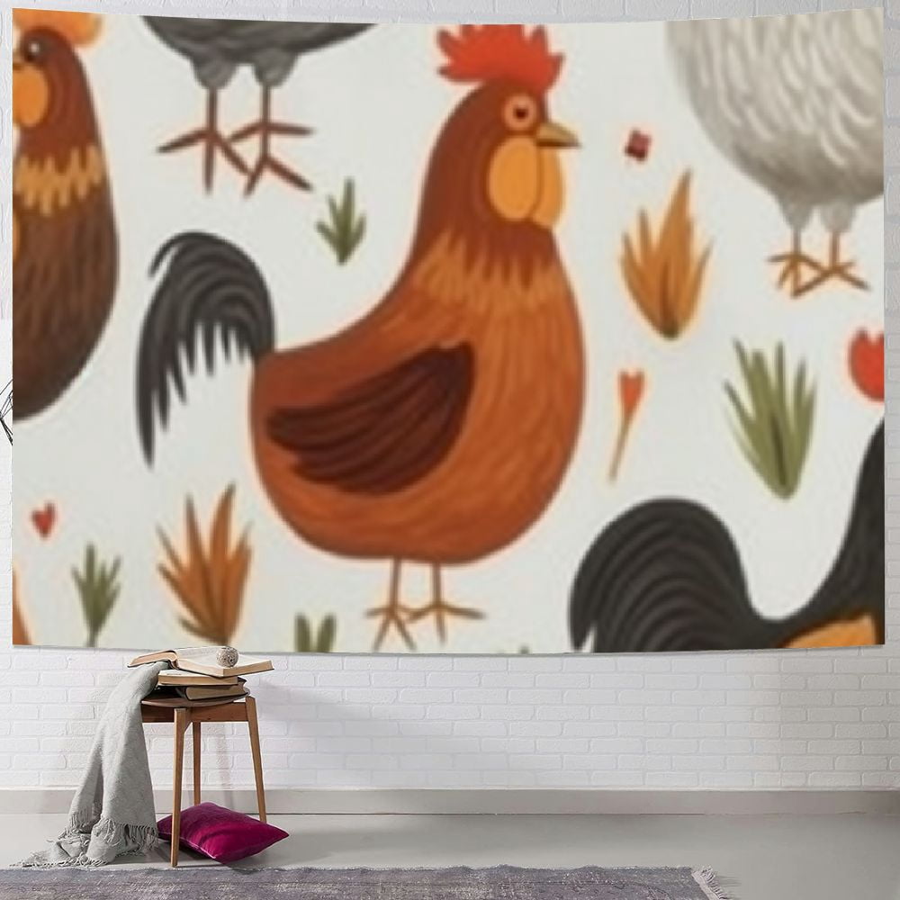 Sheronv Folk Art Chickens and Roosters Tapestry Wall Hanging Unique ...