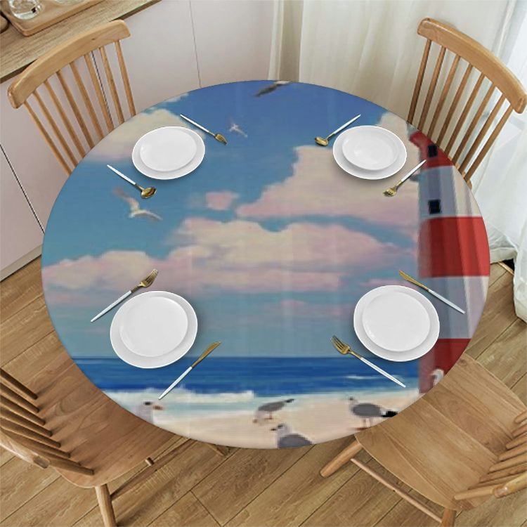 Sheronv Lighthouse Seagulls Beach Round Tablecloth Stain-Resistant 46 ...
