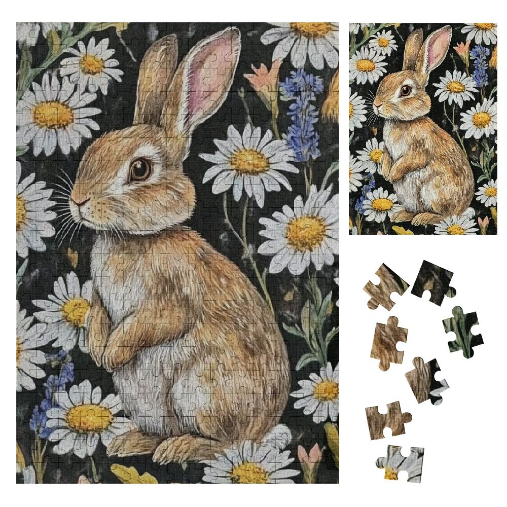 Sheronv Rabbits Daisies Detail Wooden Jigsaw Puzzle Vertical Style Eco ...