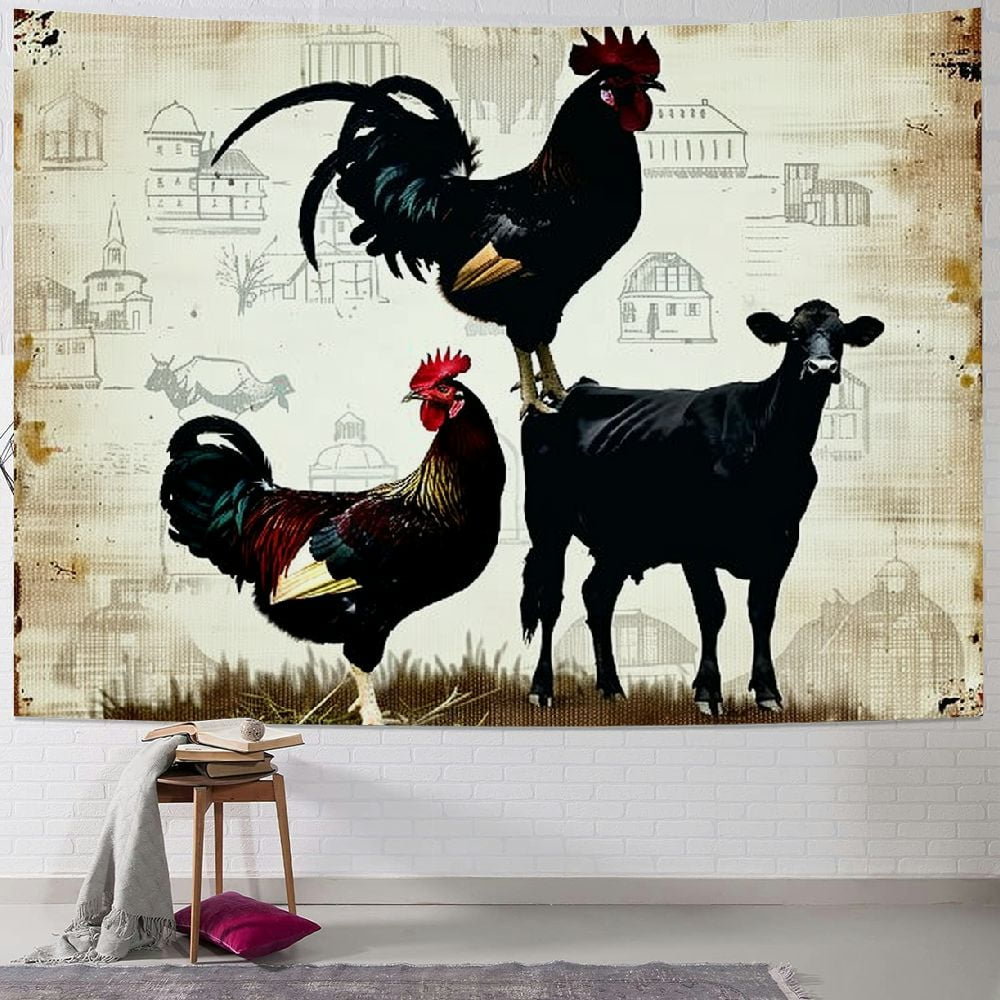 Sheronv Rooster Cow Animals Tapestry Wall Hanging Unique Style for Home ...