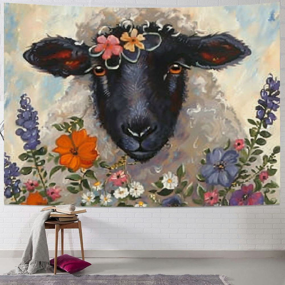 Sheronv Sheep Flower Black Sheep Tapestry Wall Hanging Unique Style for ...