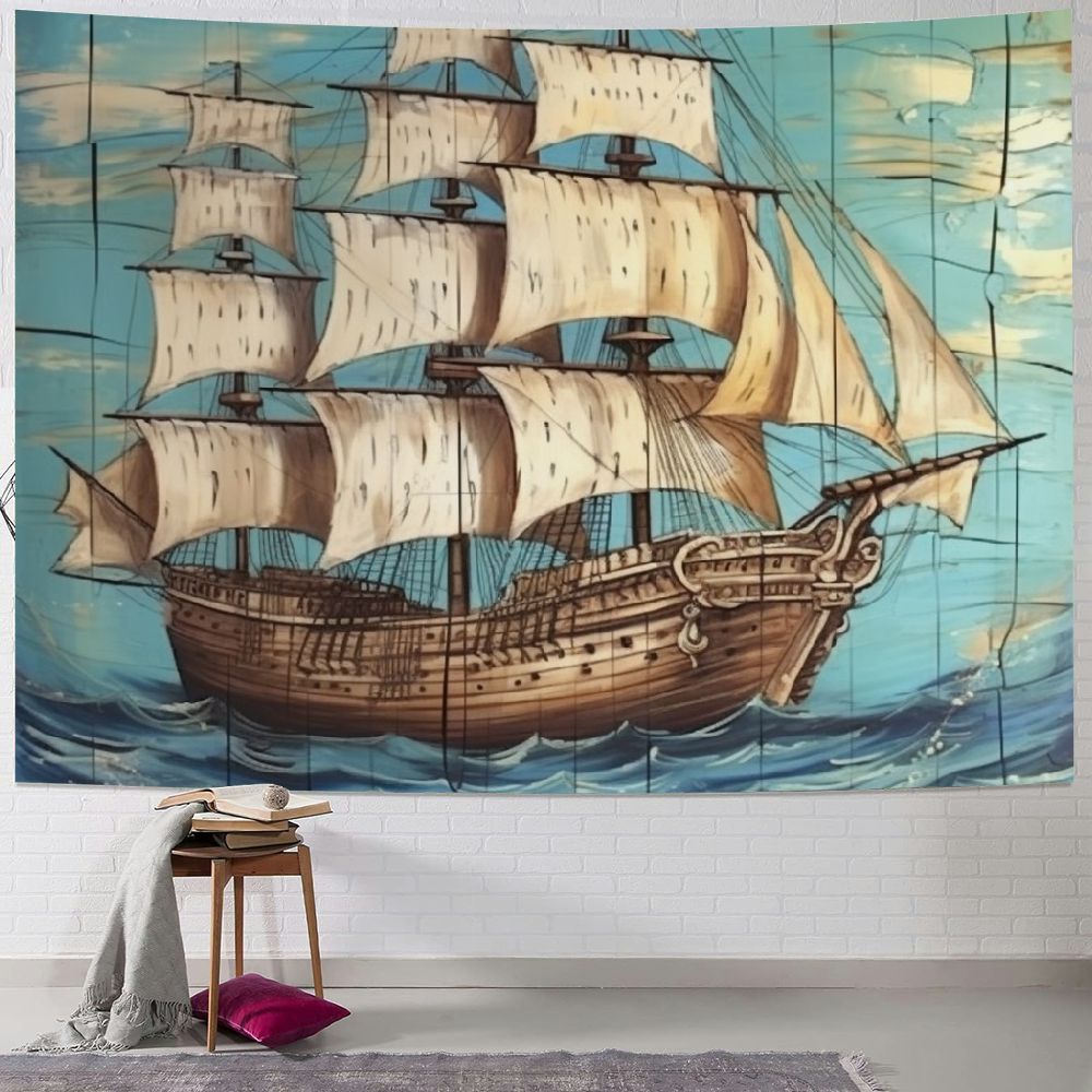 Sheronv Ship Waves Blue Background Tapestry Wall Hanging Unique Style ...