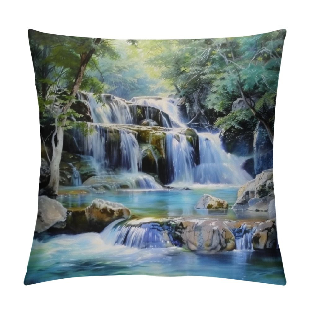 Sheronv Waterfall Trees Rocks Graphic Decorative Pillow Cover for Home ...