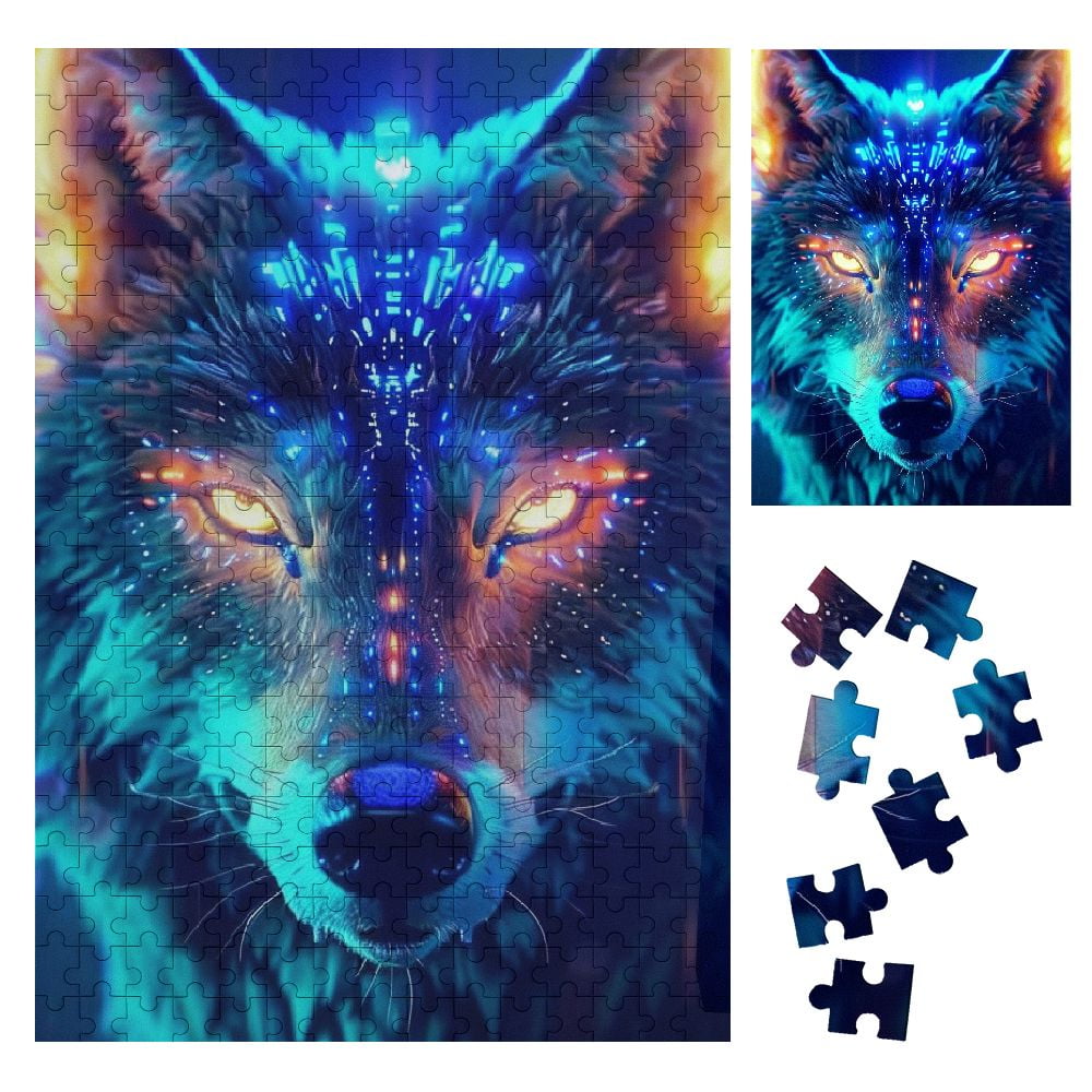 Sheronv Wolf Glowing Eyes Neon Glow Wooden Jigsaw Puzzle Vertical Style ...