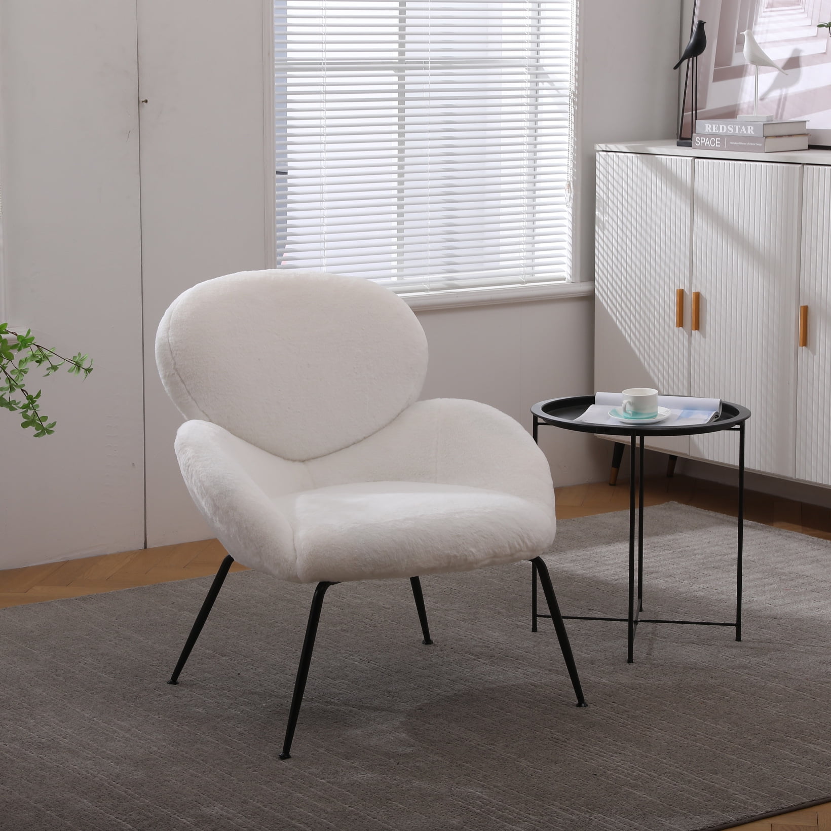 Sherpa Accent Chair, Faux Fur Upholstered Armchair with Black Metal ...