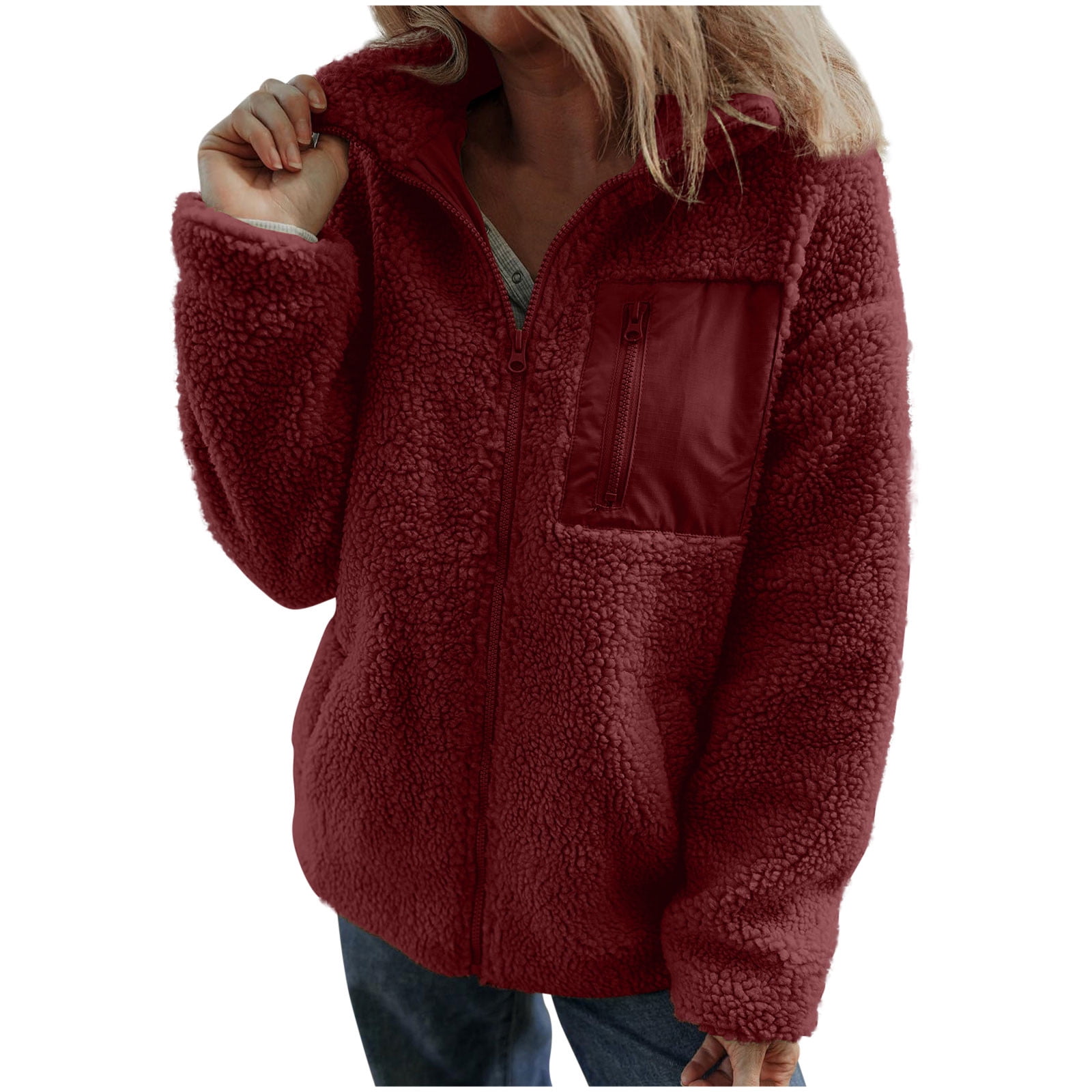 Sherpa Fleece Jacket without Hood Womens Long Sleeve Full Zipper Winter ...