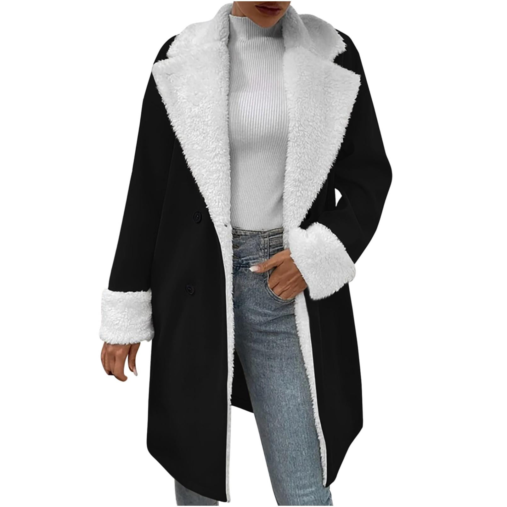 Sherpa Fleece Long Trench Coat for Women Winter Warm Notch Lapel Collar ...