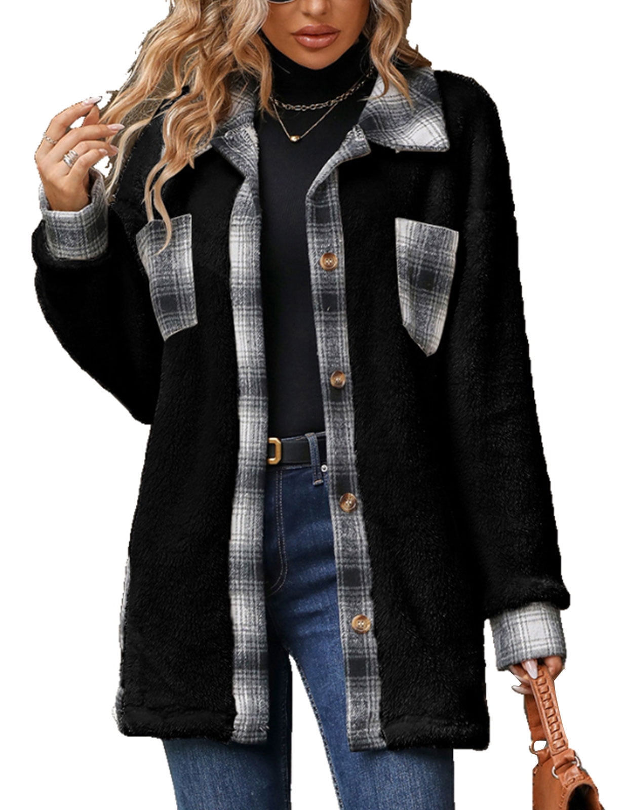 Sherpa Jackets for Women Lapel Neck Fuzzy Fleece Warm Winter Coats with Plaid Patchwork and ...