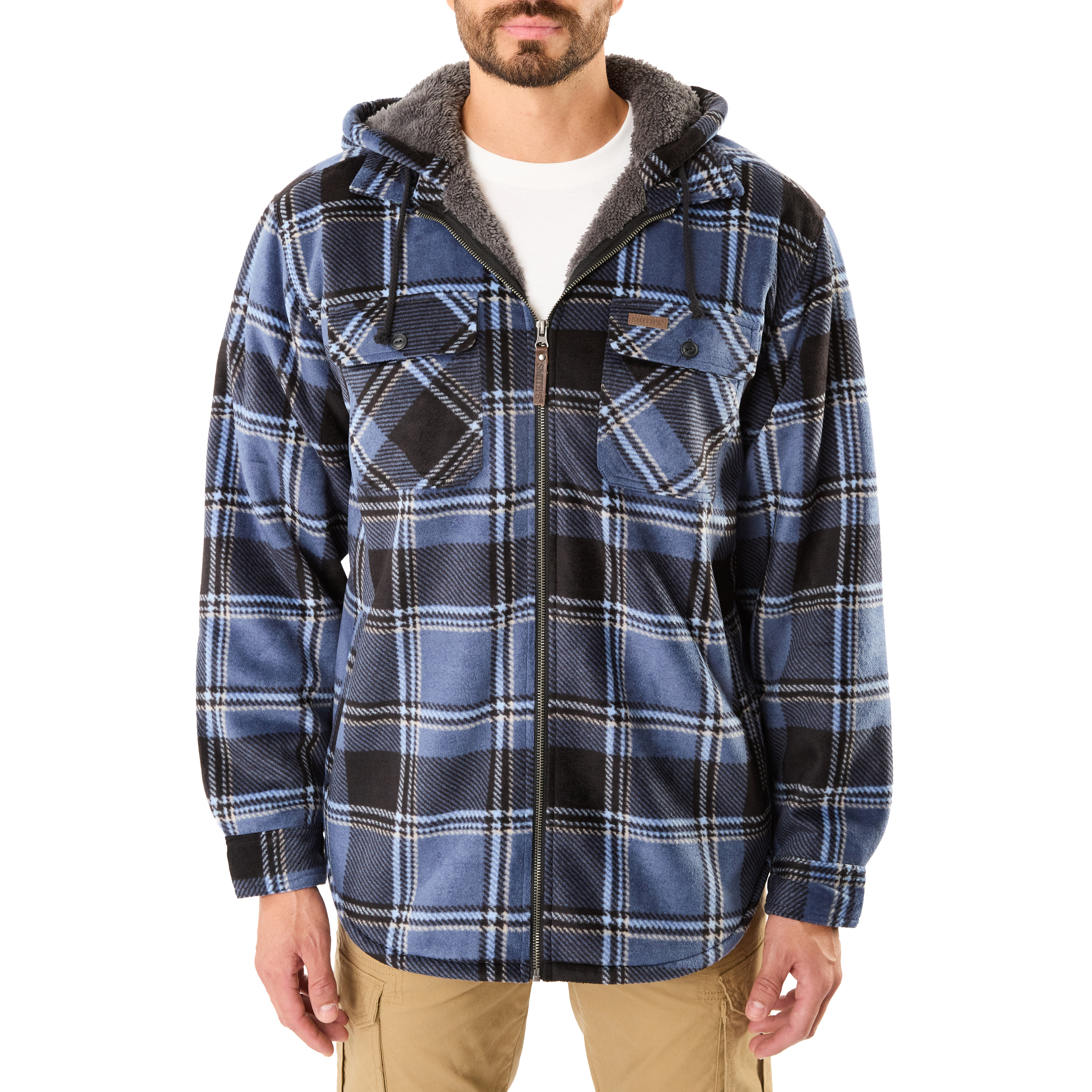Sherpa-Lined Zip-Front Hooded Microfleece Shirt-Jacket - Walmart.com