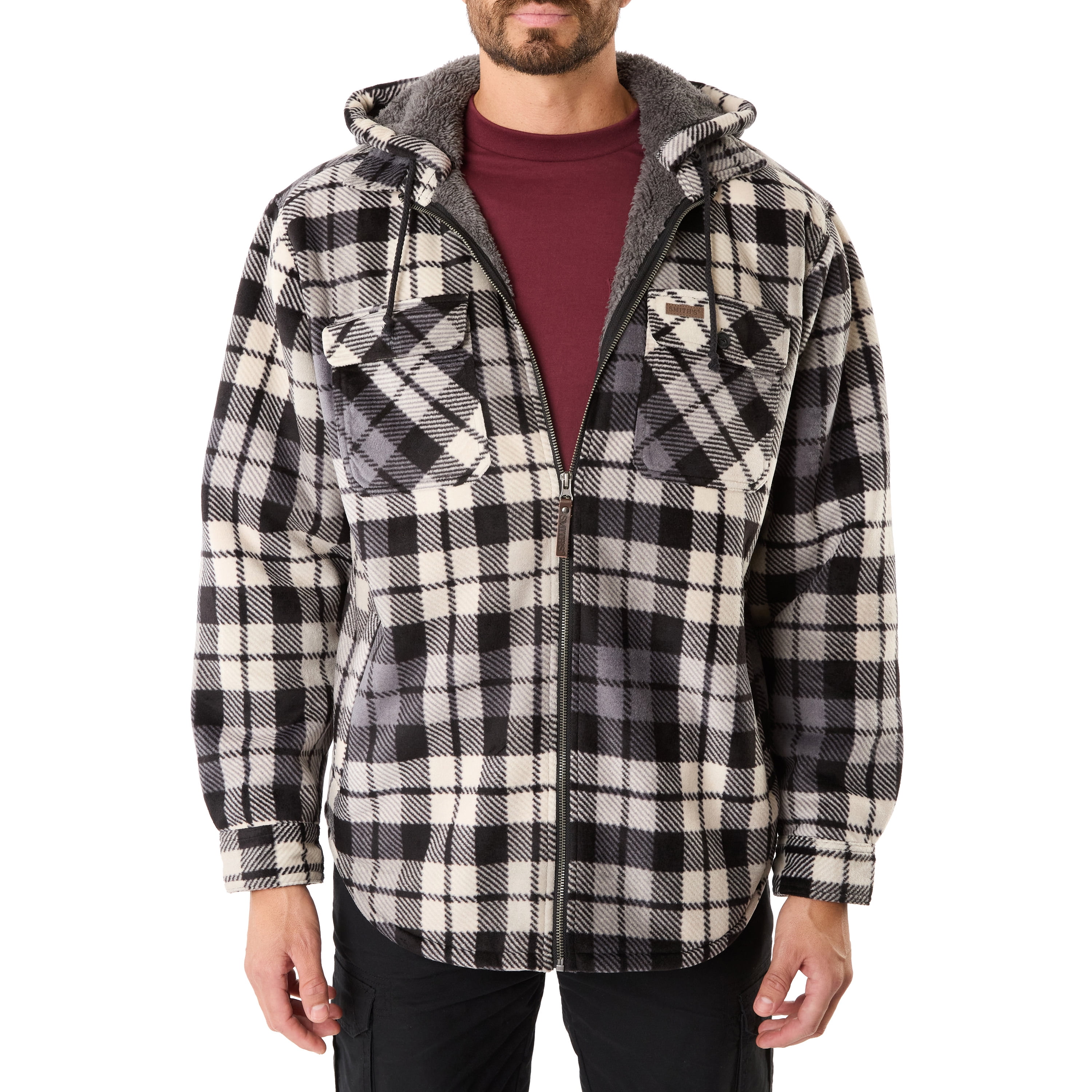 Sherpa-Lined Zip-Front Hooded Microfleece Shirt-Jacket - Walmart.com