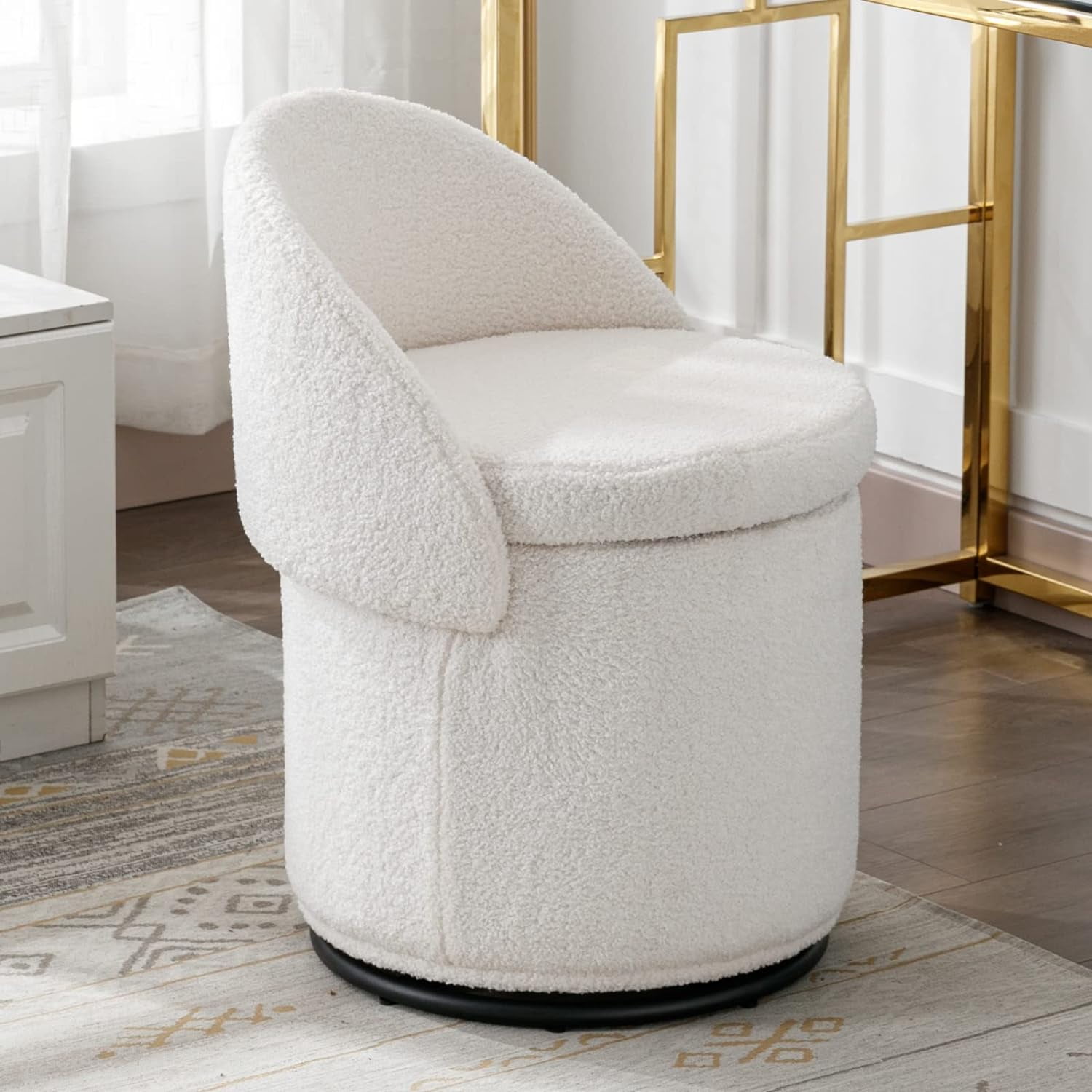Sherpa Makeup Ottoman with Storage, Upholstered 360° Swivel Vanity ...