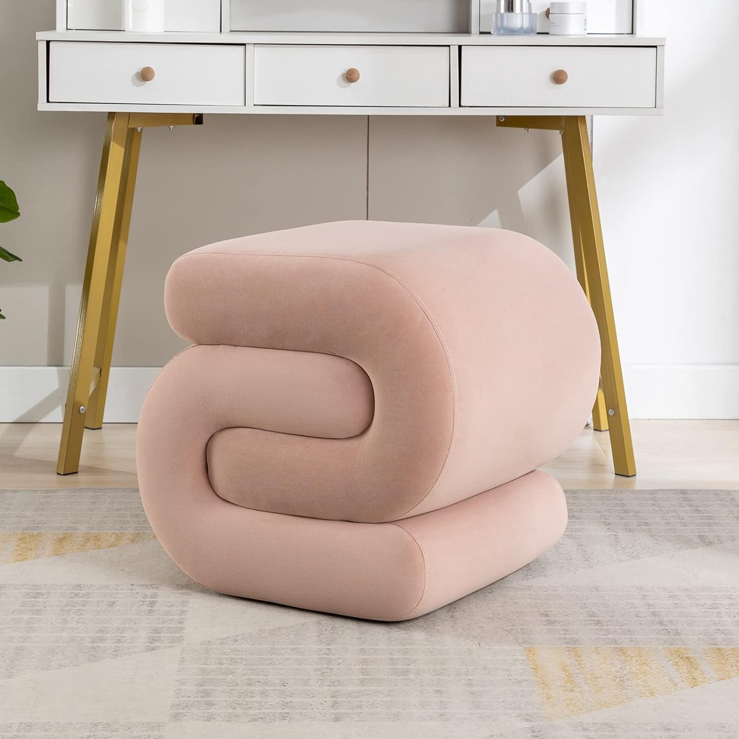 Sherpa Ottoman Stool Modern S-Shaped Boucle Vanity Stool Pouf Ottoman ...