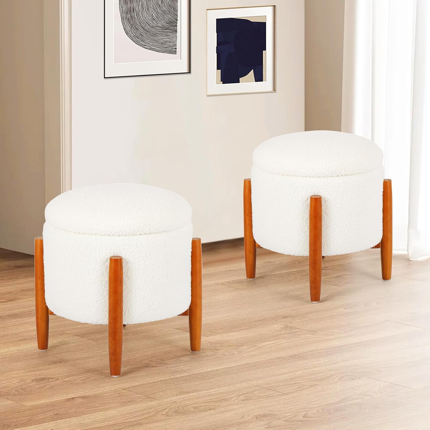 Sherpa Round Storage Ottoman Set of 2, Small Ottoman Foot Rest for ...