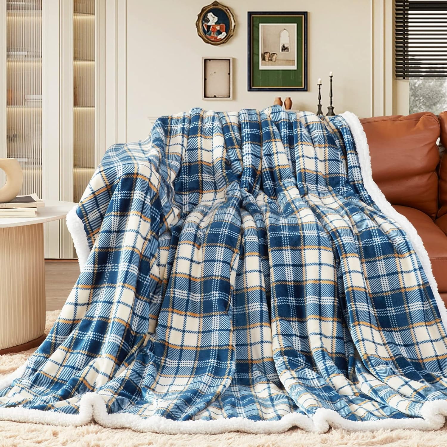 Sherpa Throw Blanket Reversible Navy Blue Plaid Checkered Boho Chic ...