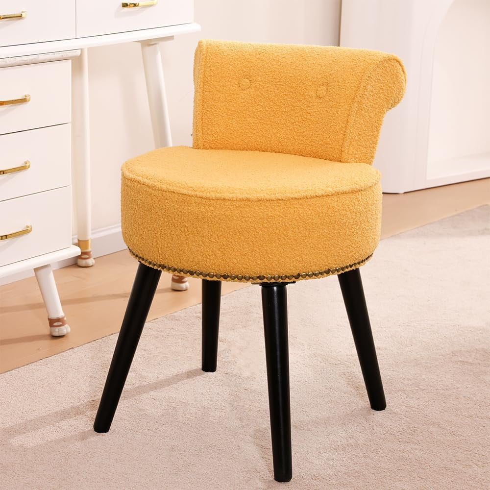 Sherpa Vanity Chair with Back Small Makeup Chair with Wood Legs Sherpa ...