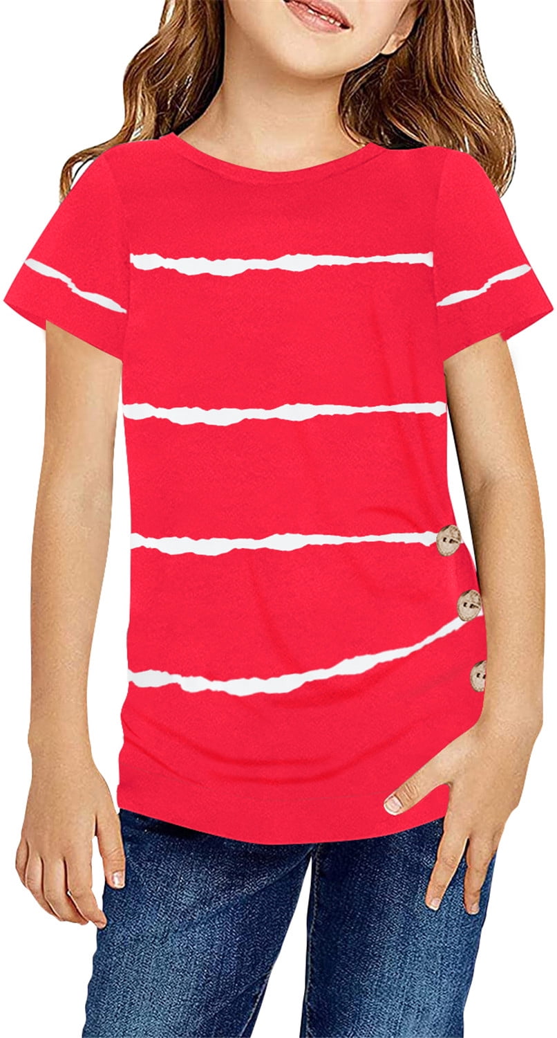 Sherrylily Girls Casual Short Sleeve T Shirts Button Tunic Tops Striped ...