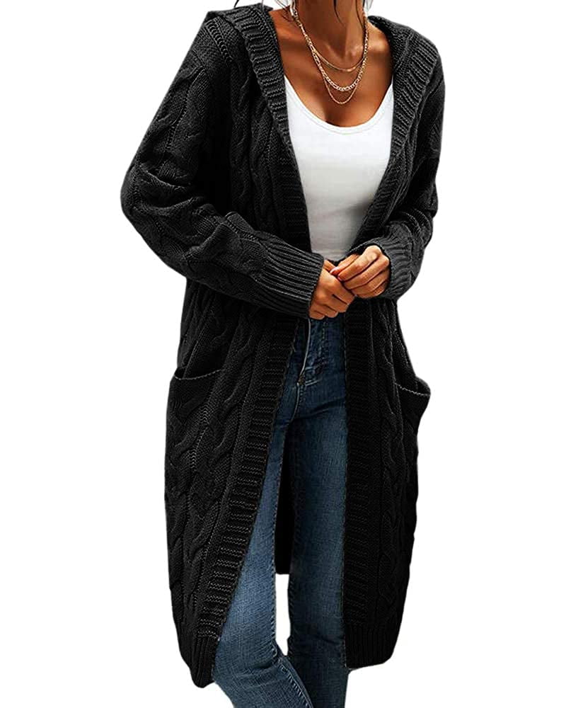 Sherrylily Women Cable Knit Cardigan Open Front Long Pocket Hooded ...