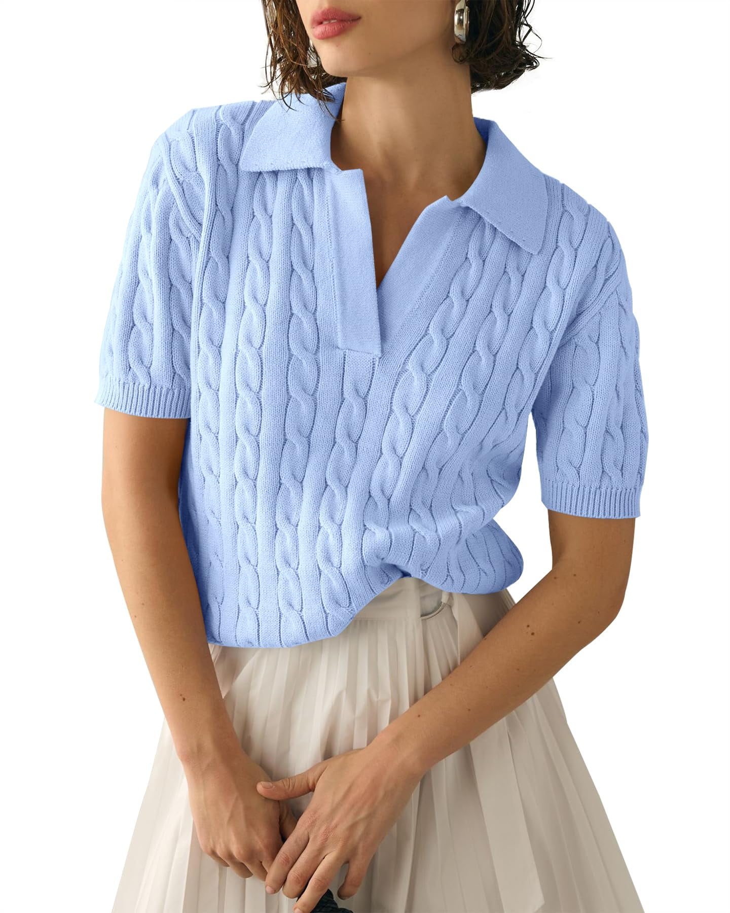 Sherrylily Women Cable Short Sleeve Sweaters Tops V Neck Knit Casual ...