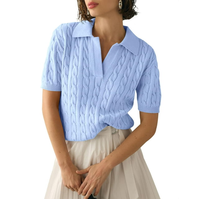 Sherrylily Women Cable Short Sleeve Sweaters Tops V Neck Knit Casual ...