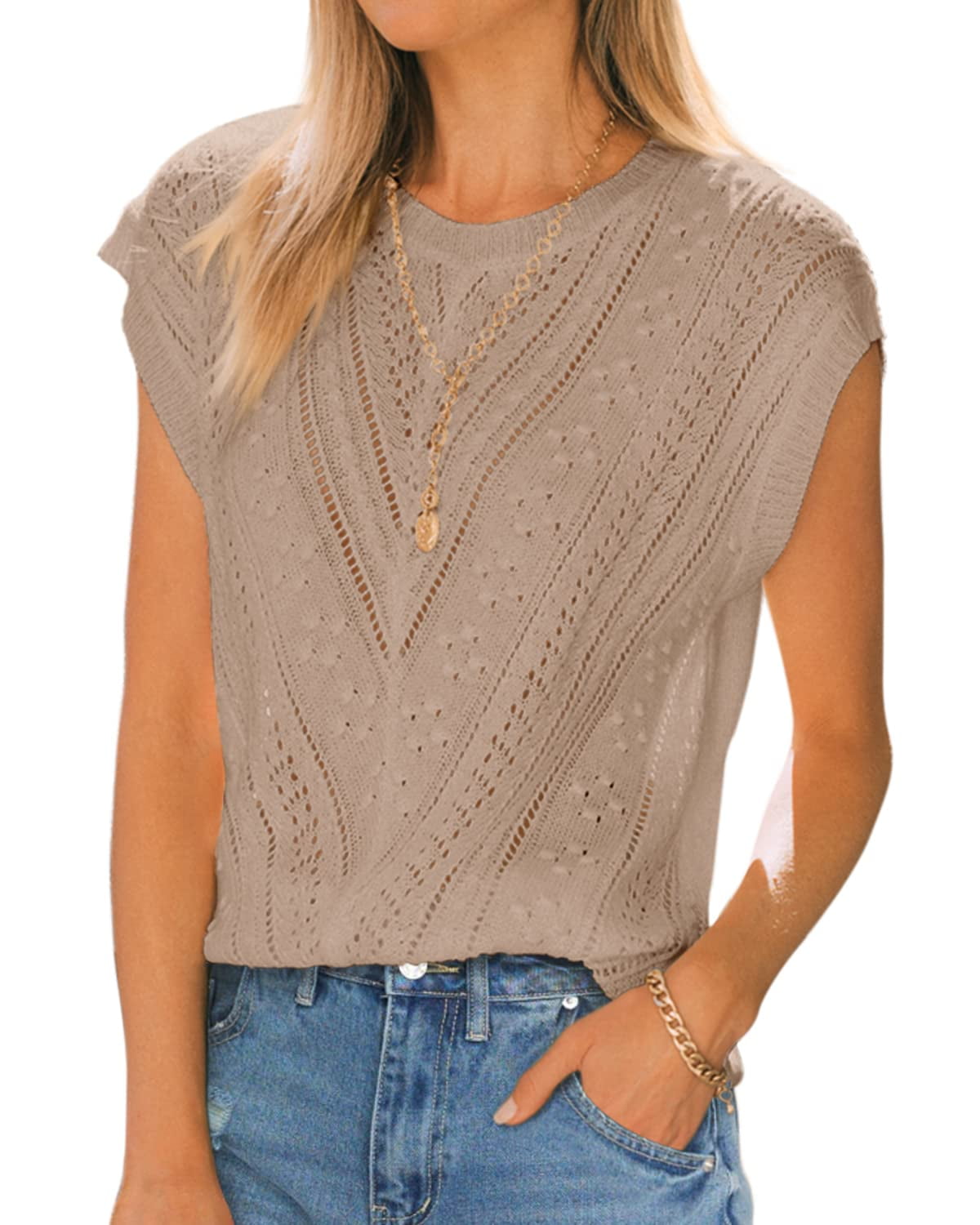 Sherrylily Women Cap Sleeve Sweater Summer Crew Neck Crochet Knit Tops ...