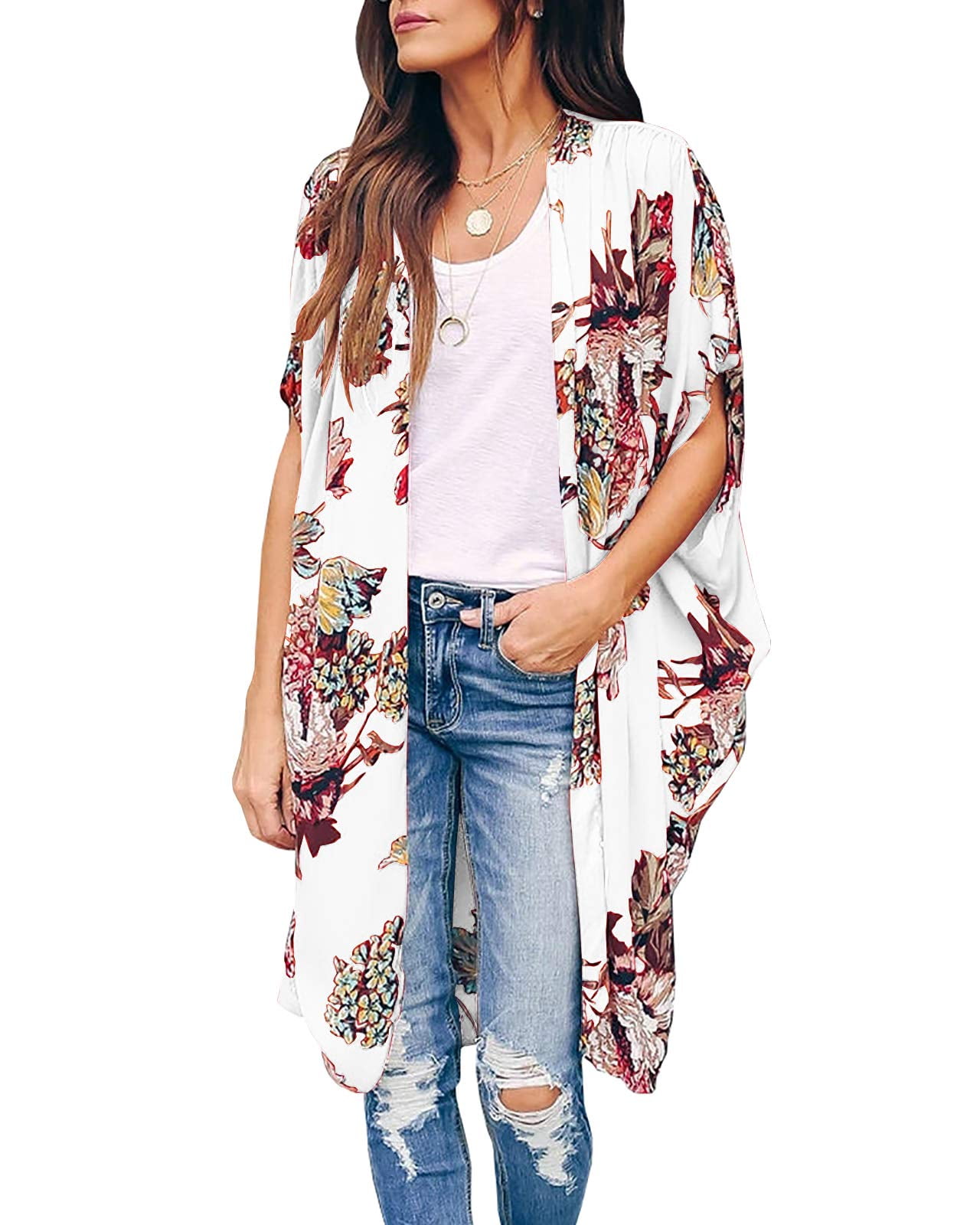 Sherrylily Women Floral Kimono Cardigans Short Sleeve Draped Beach ...