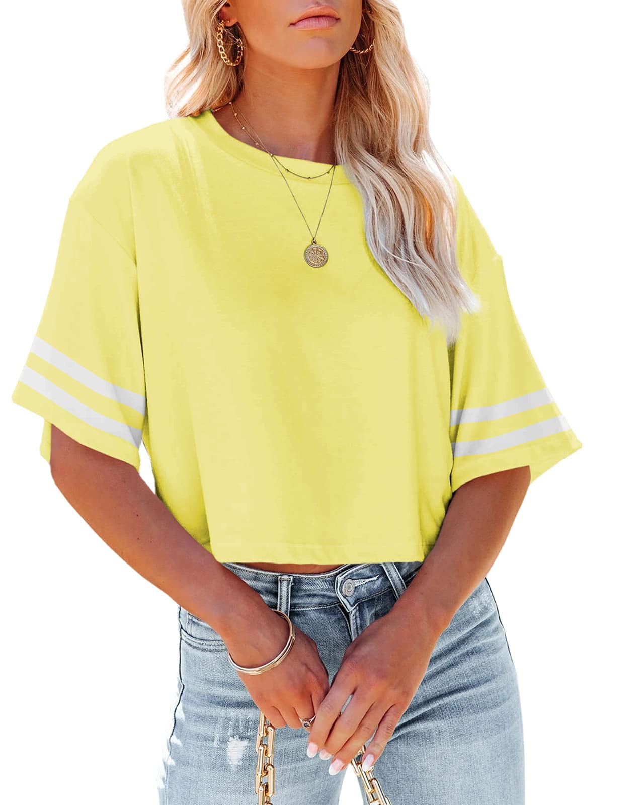Sherrylily Women Half Sleeve Cropped T Shirt Drop Shoulder Crop Tops ...