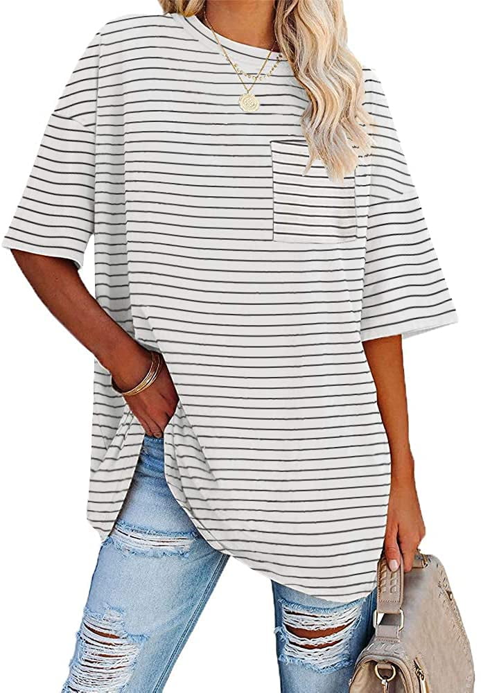 Sherrylily Women Oversized Striped Tees Loose T Shirts Half Sleeve Crew ...