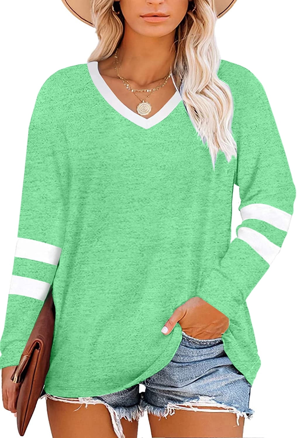 Sherrylily Women Plus Size Tops Striped Long Sleeve V Neck T Shirts ...