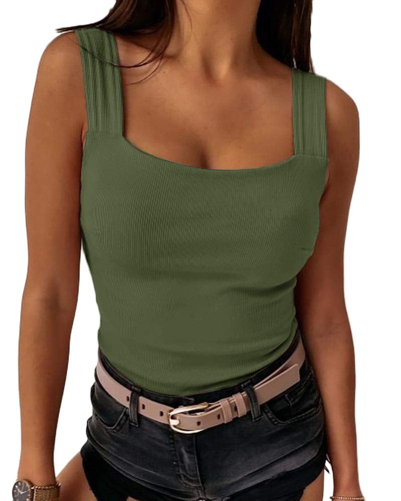Sherrylily Women Sexy Low Cut Square Neck Tank Top Thick Strap Basic ...