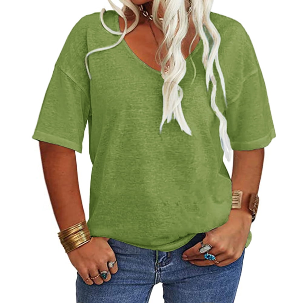 Sherrylily Women Summer Plus Size Tops V Neck Half Sleeve Oversized T ...