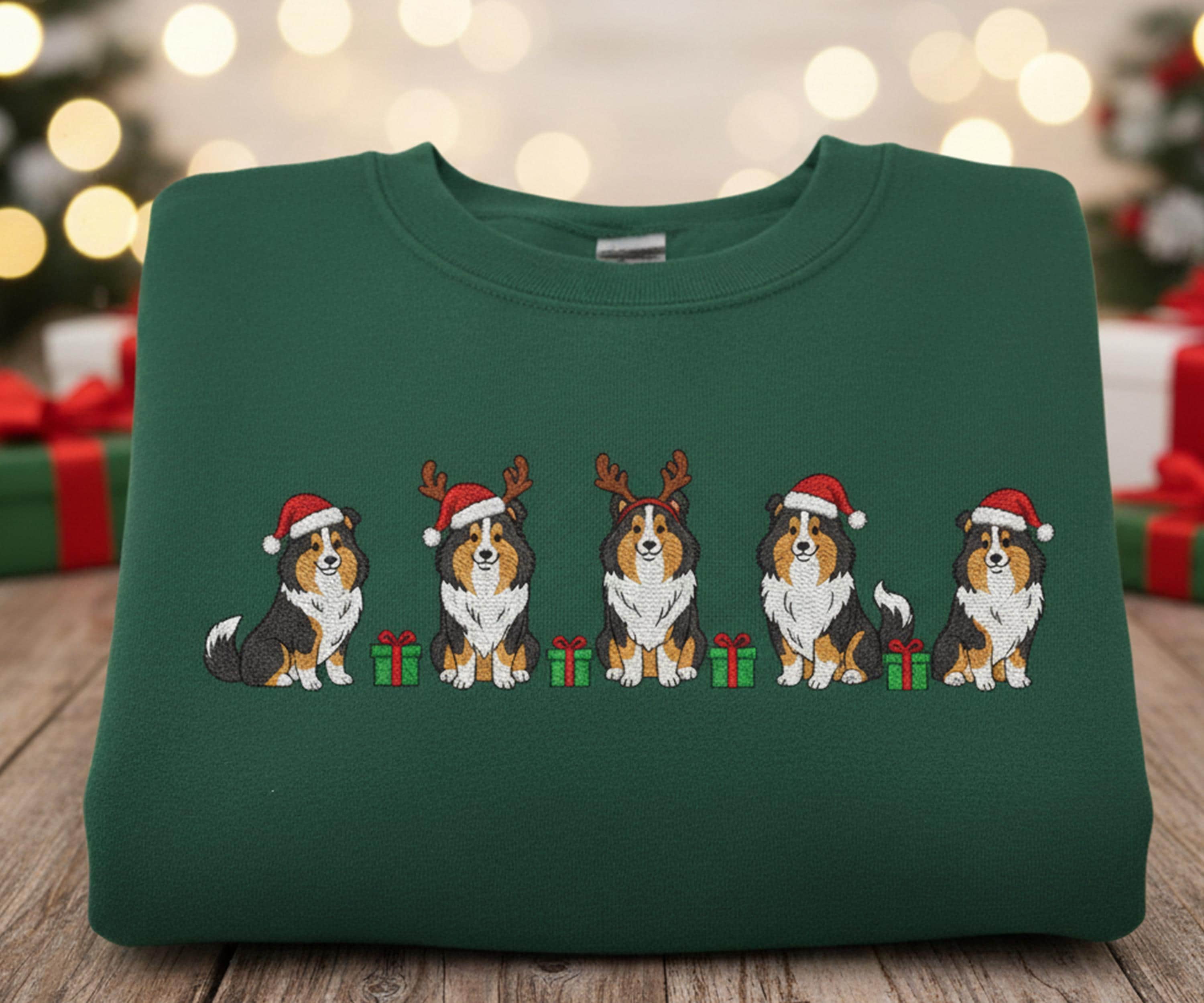 Shetland Sheepdog Christmas Embroidered Shirt, Cute Sheltie Holiday Tee ...