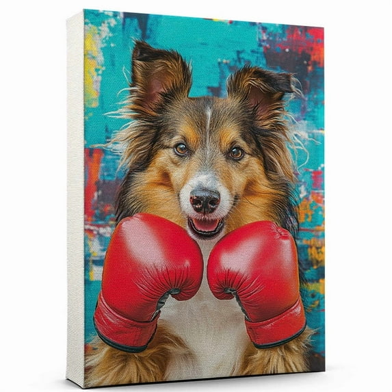 Shetland Sheepdog Dog Playing Boxing Stretched Canvas Size 8x12 ...
