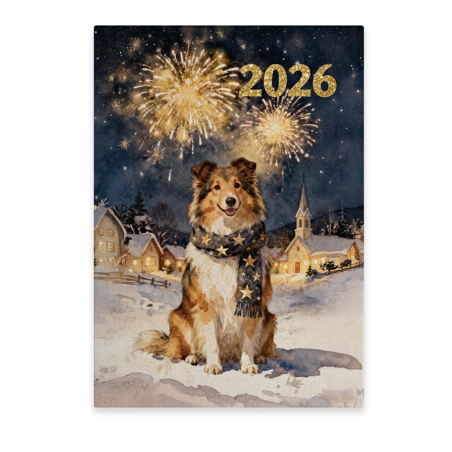 Shetland Sheepdog Happy New Year 2026 with Fireworks on New Year's Eve ...