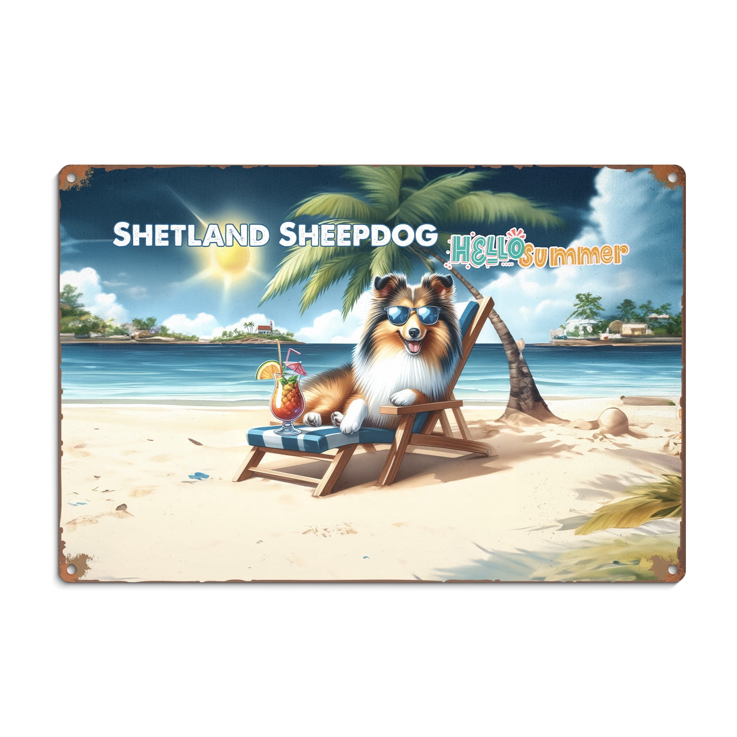 Shetland Sheepdog Hello Summer Beach Theme with Sunglasses and Tropical ...