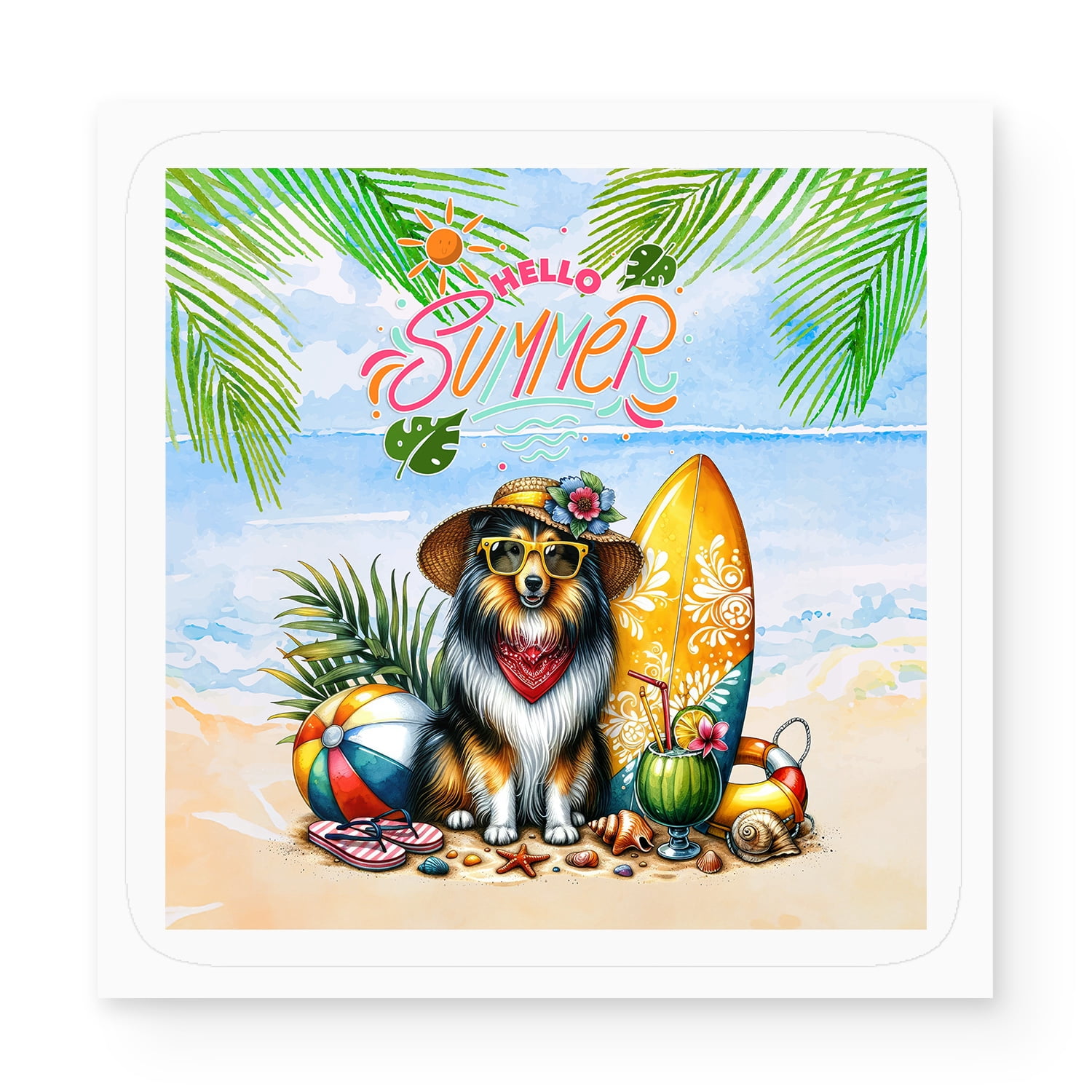 Shetland Sheepdog Hello Summer with Sunglasses and Surfboard Tropical ...